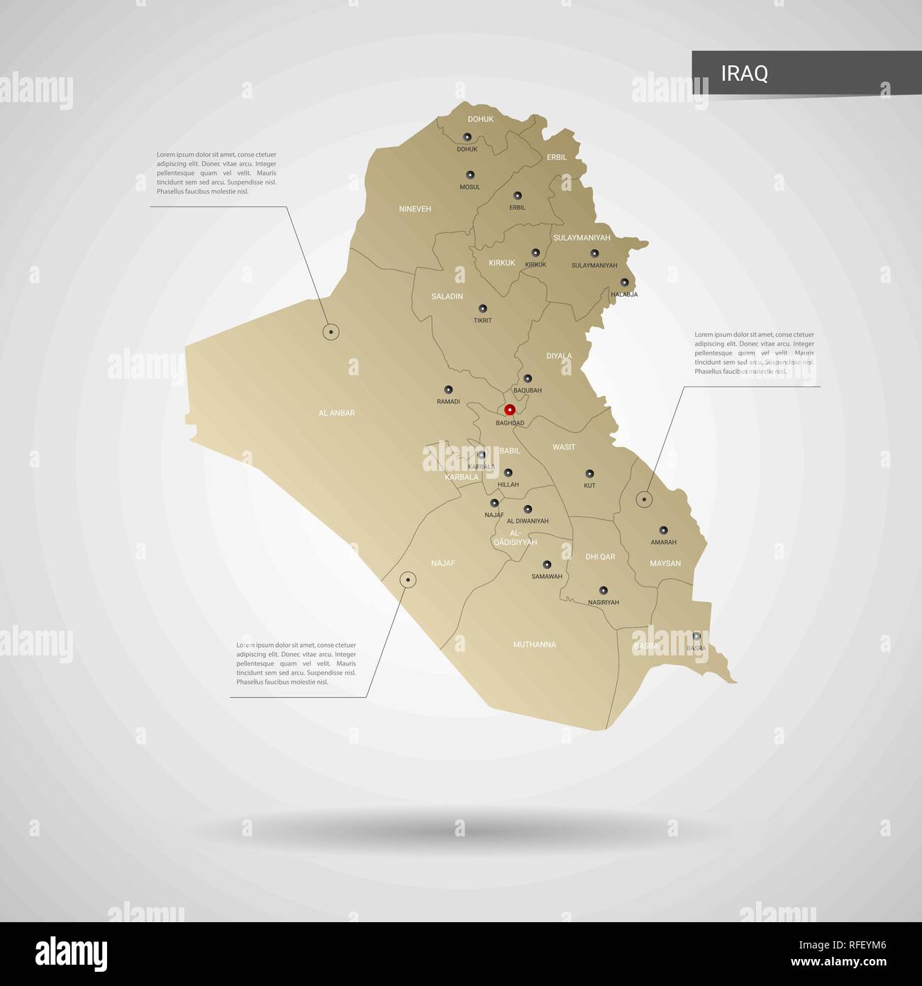 Stylized vector Iraq map. Infographic 3d gold map illustration with ...