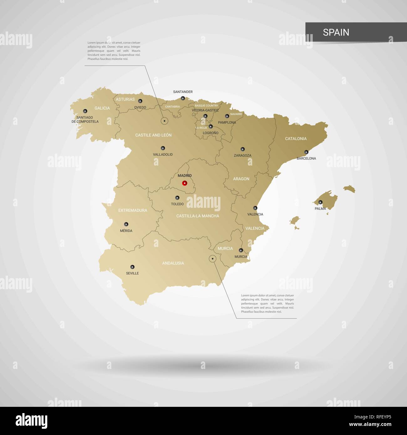 Stylized vector Spain map. Infographic 3d gold map illustration with ...