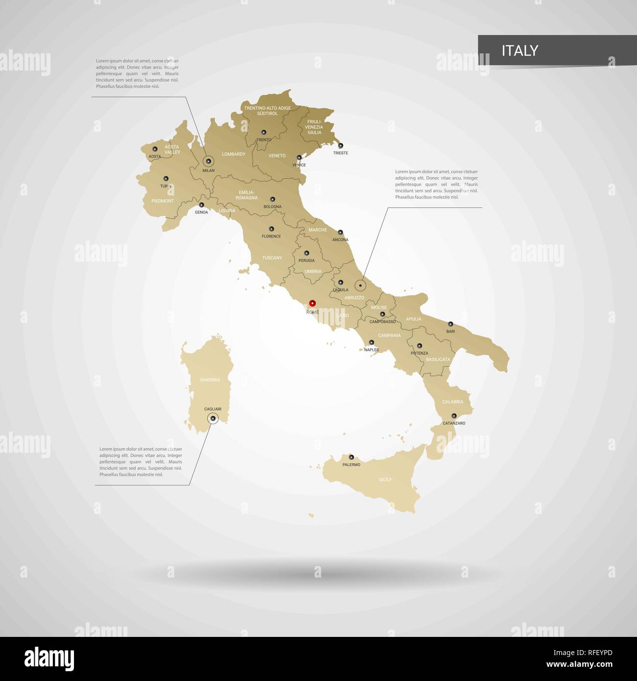 Stylized vector Italy map. Infographic 3d gold map illustration with ...