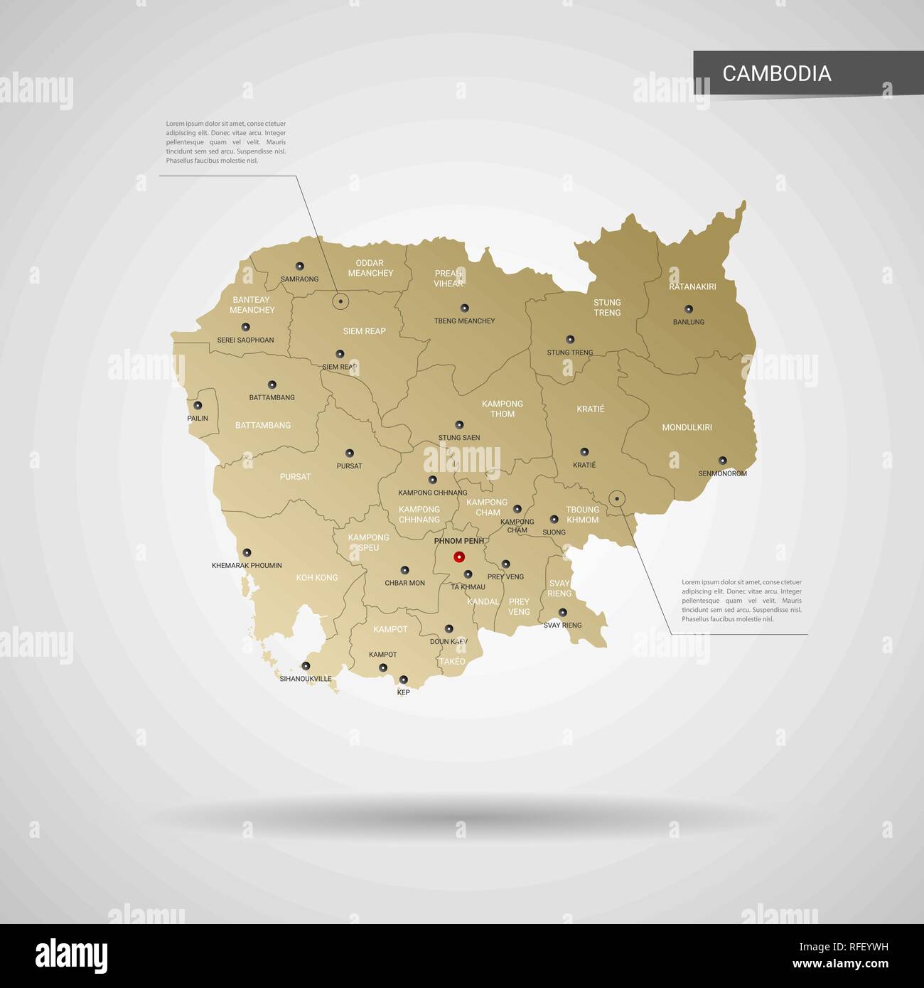 Stylized vector Cambodia map. Infographic 3d gold map illustration with ...