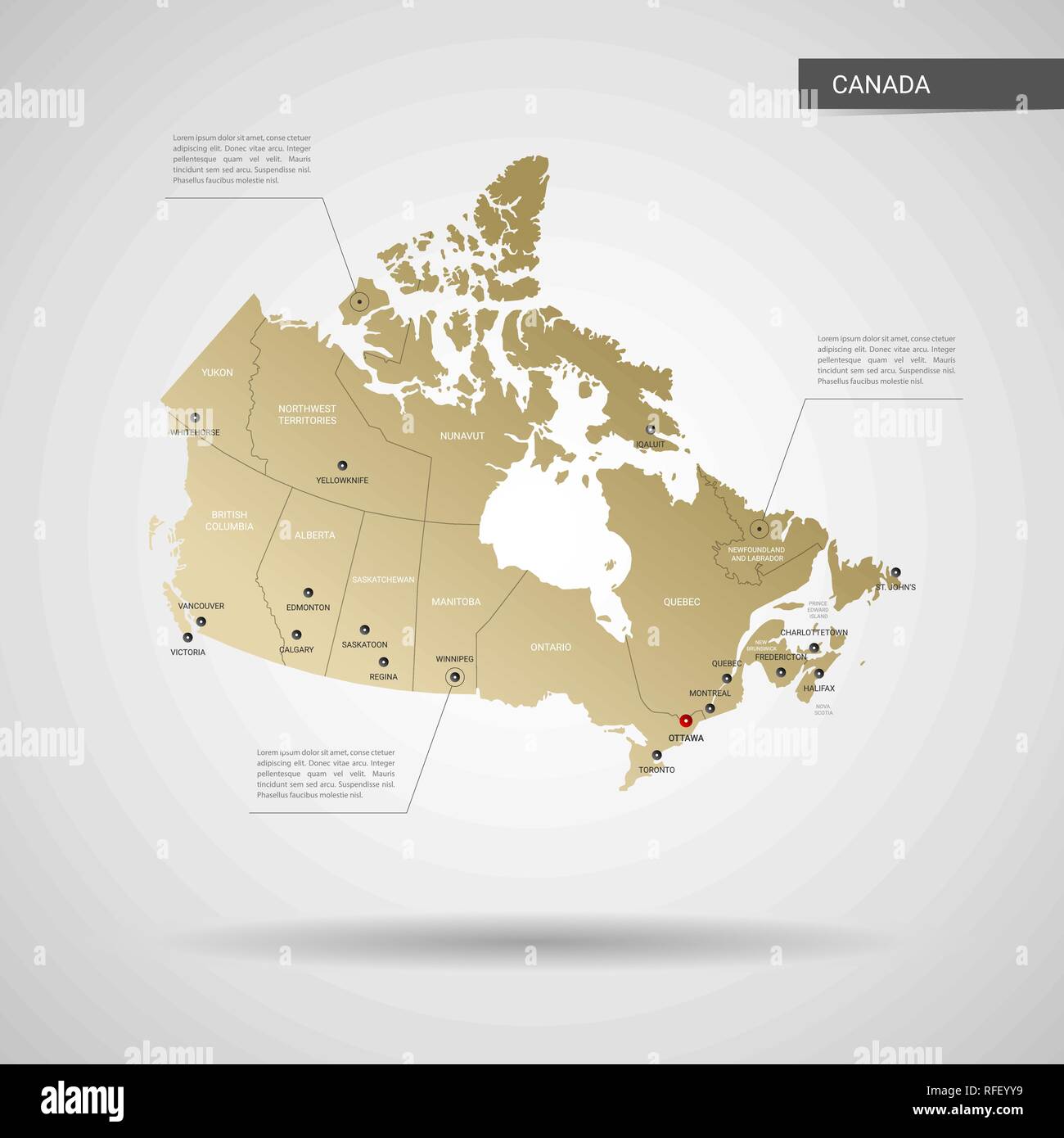 Stylized vector Canada map. Infographic 3d gold map illustration with ...