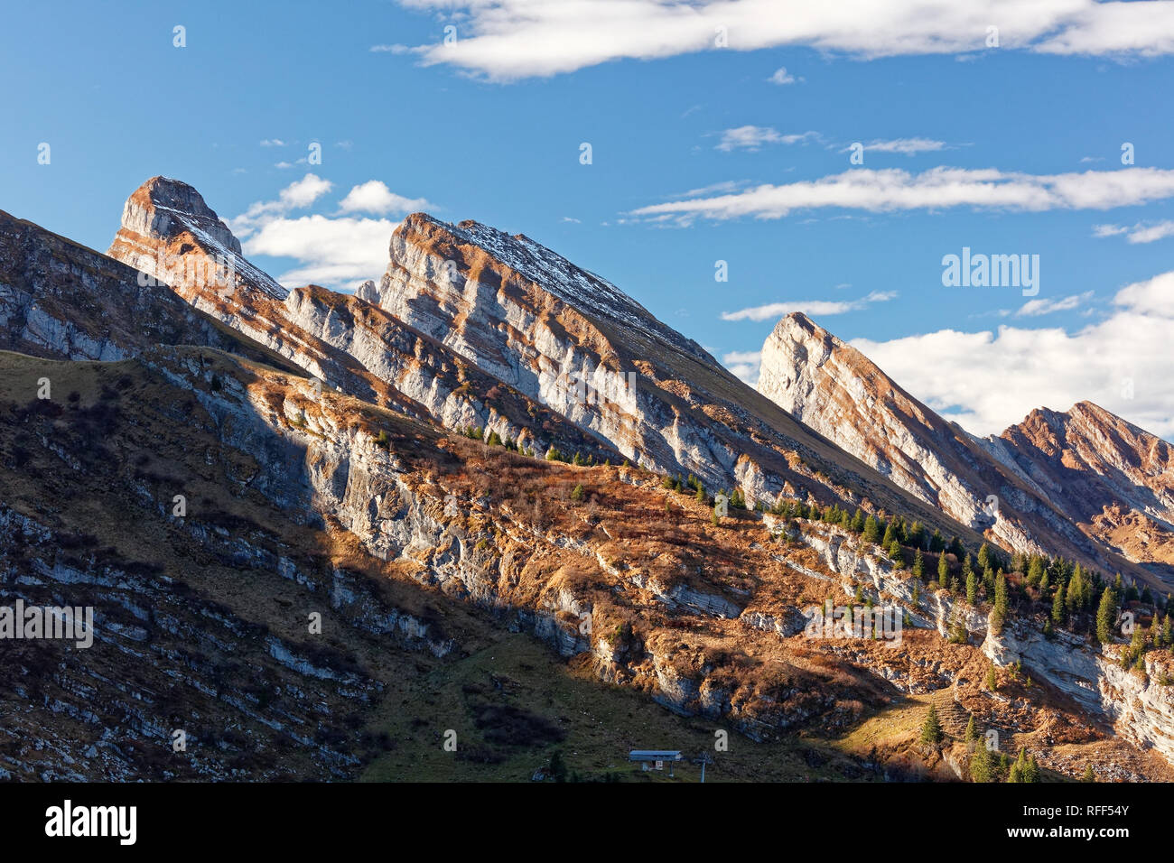 View of Churfirsten massif and summits of Schibenstoll, Zuestoll, Brisi ...