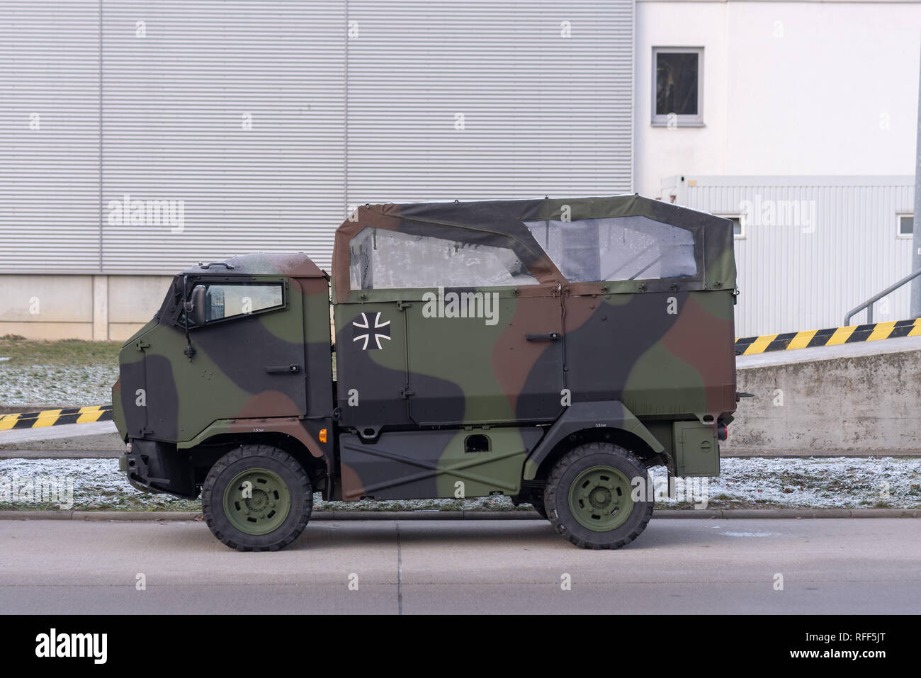 View of a Bundeswehr army vehicle of the type ESK Mungo parked at the ...