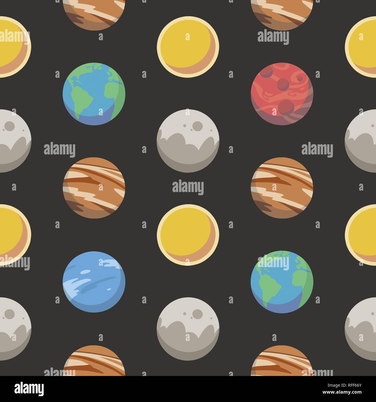 Seamless space pattern with different colorful cartoon style planets ...
