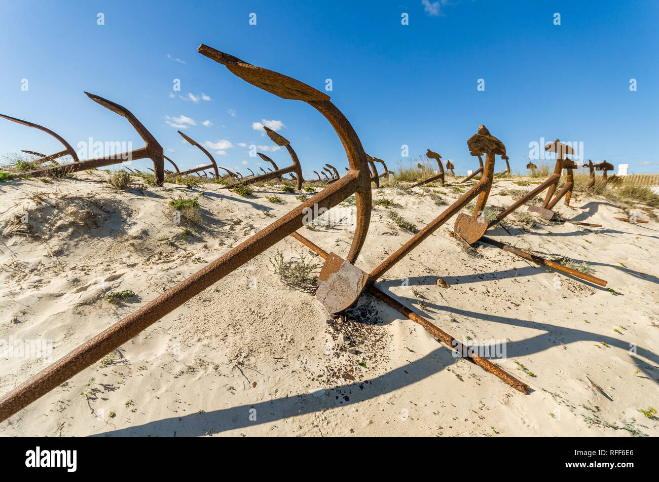 Tavira Portugal. Anchor Graveyard from former tuna fishing at Praia do ...