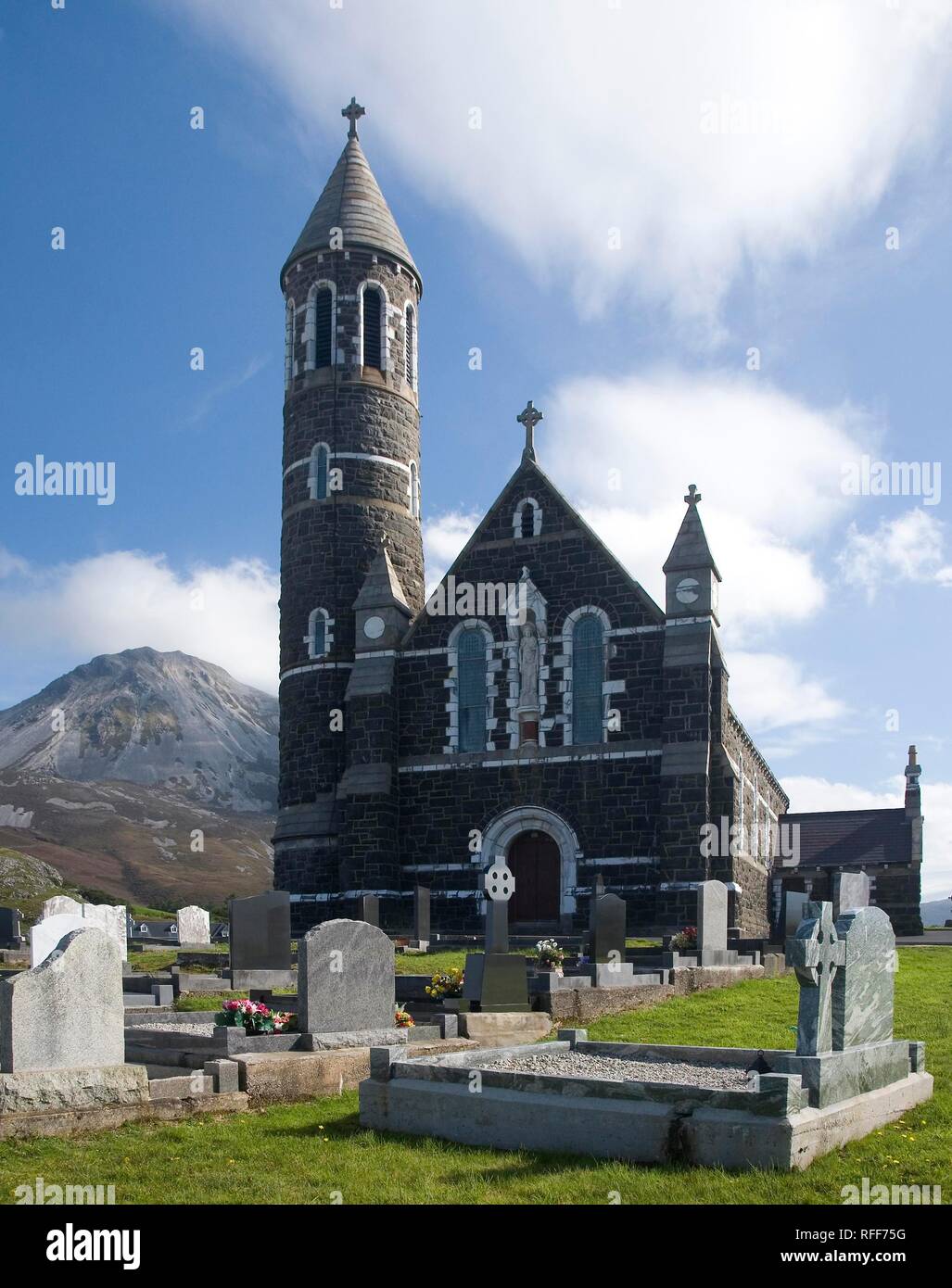 Church of the Sacred Heart in front of Mt Errigal, Donegal, Ireland ...
