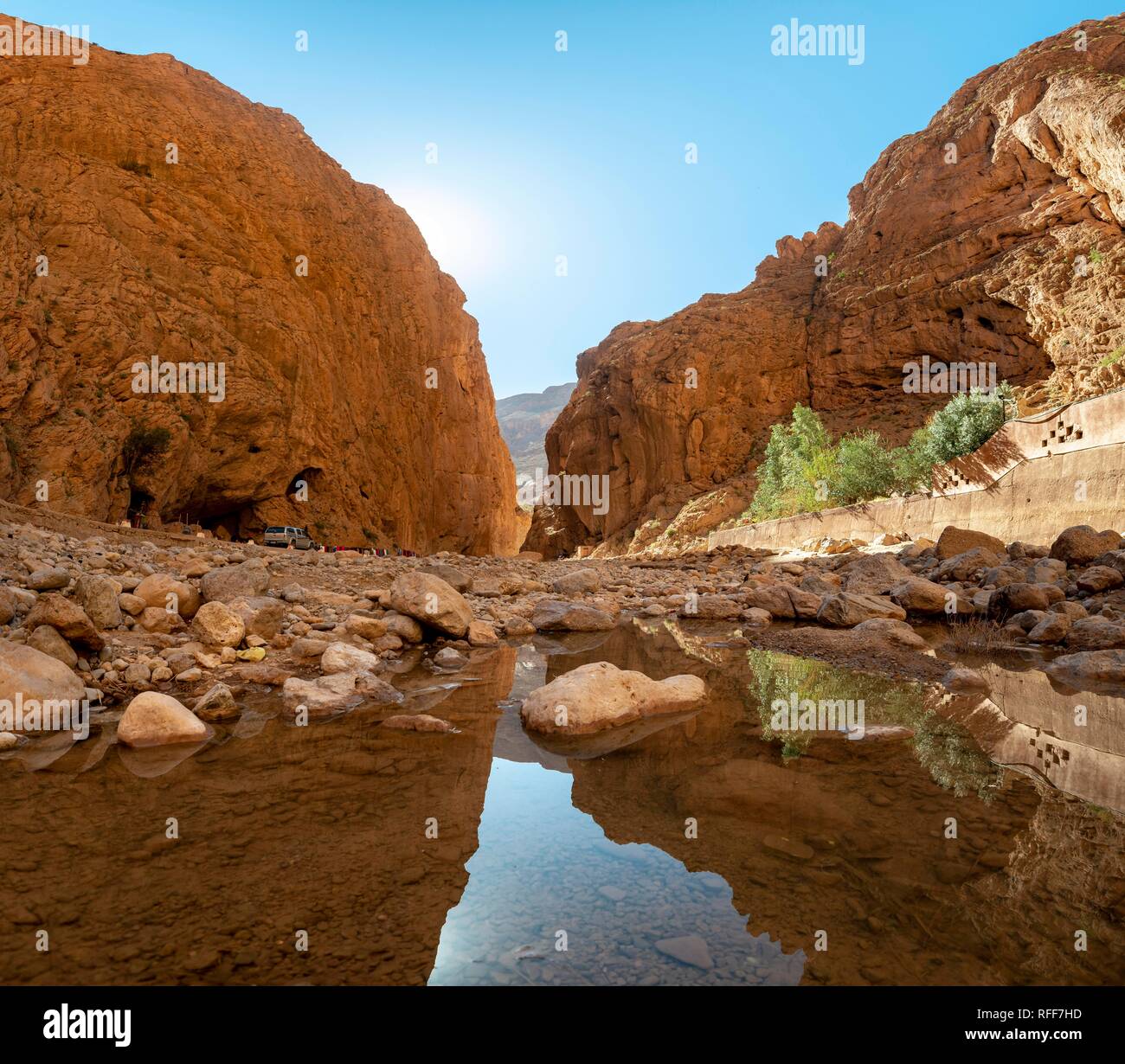Gorges Toudra or Todgha Gorge, gorge of sandstone rocks, reflection in ...