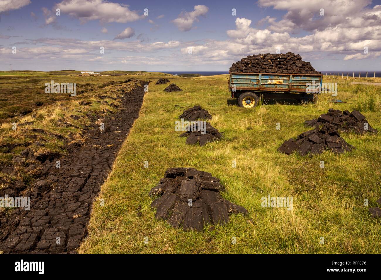 Peat cut in raised bog, peat extraction, Durness, Scottish Highlands ...