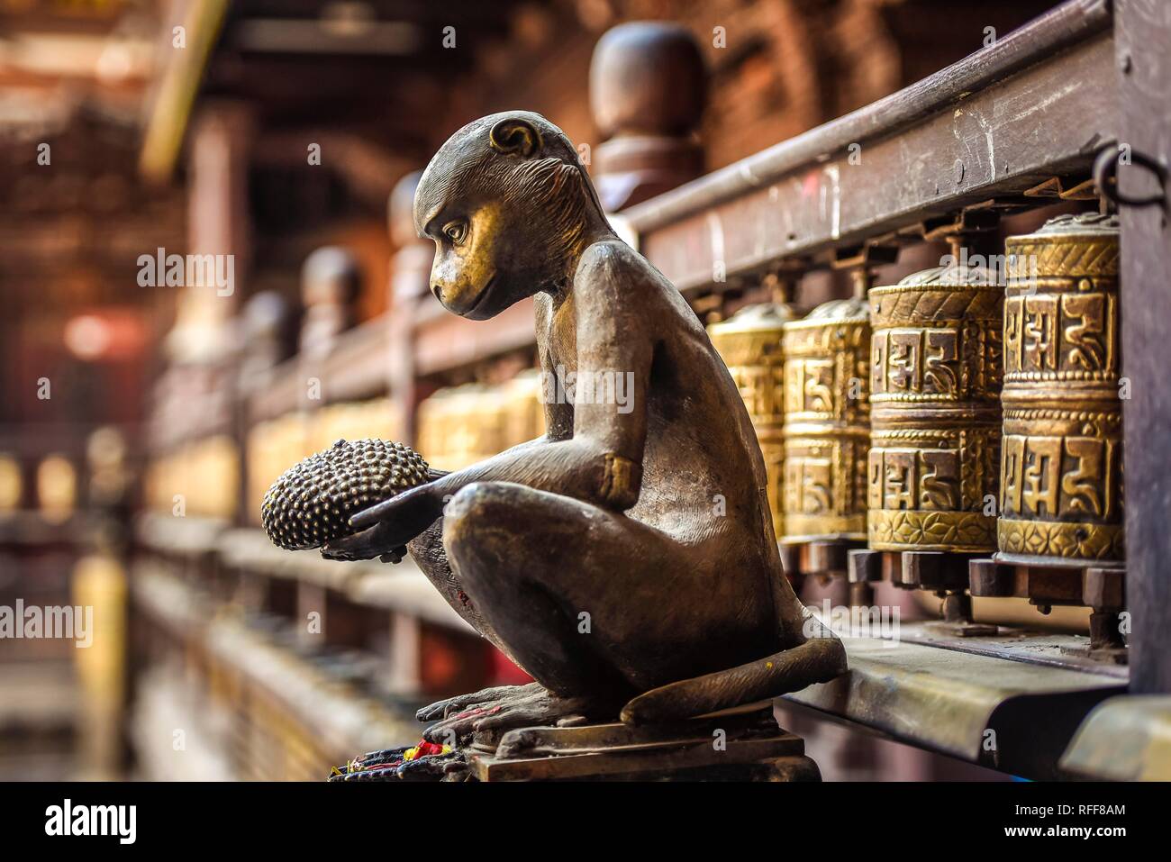 Buddhist Prayer Wheels, Monkey, Golden Temple, Patan, Kathmandu Valley ...