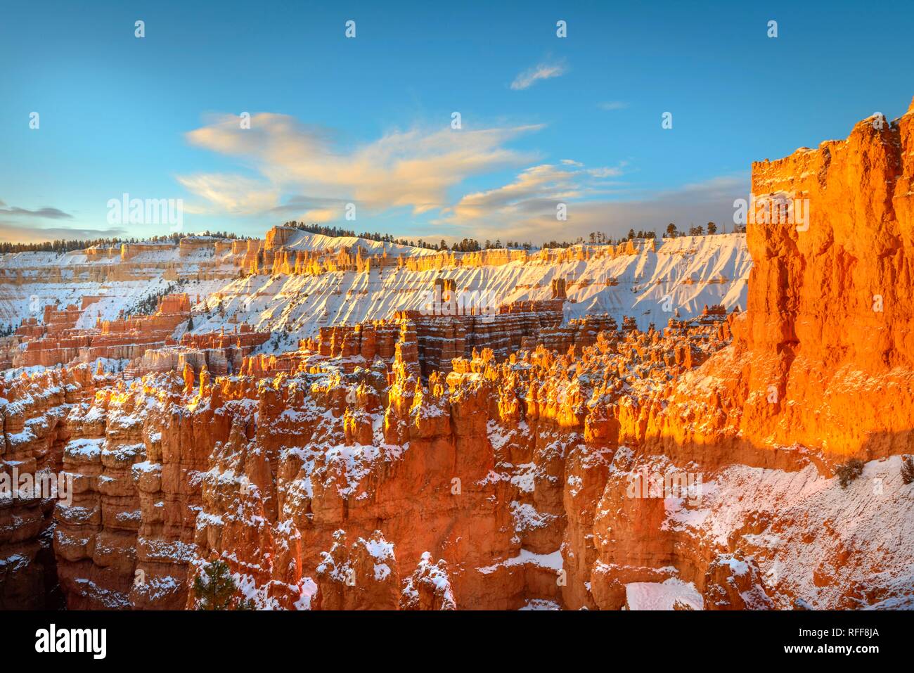 Amphitheatre in the morning light, snow-covered bizarre rocky landscape ...