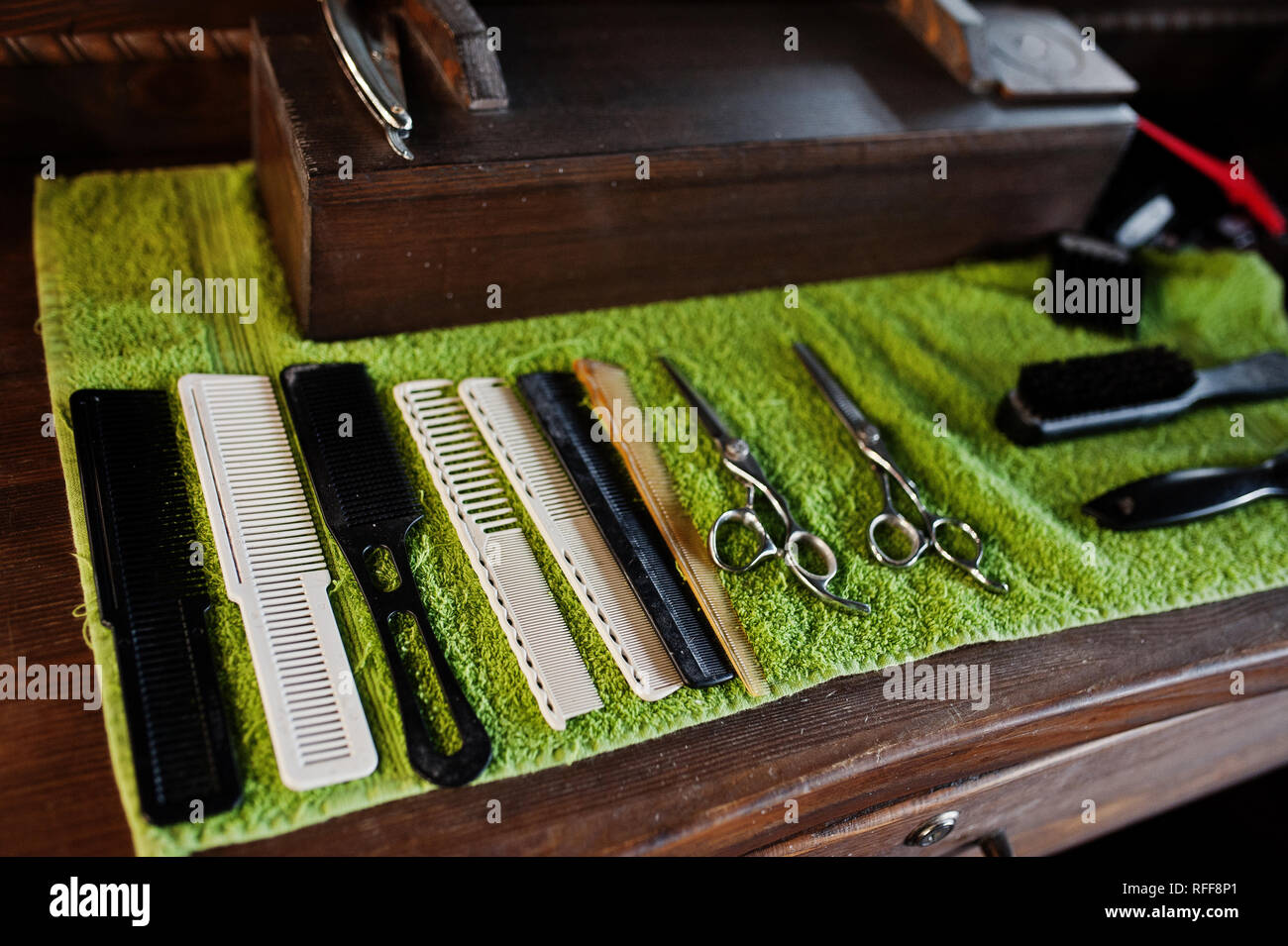 Barber tools on wooden background table Stock Photo - Alamy