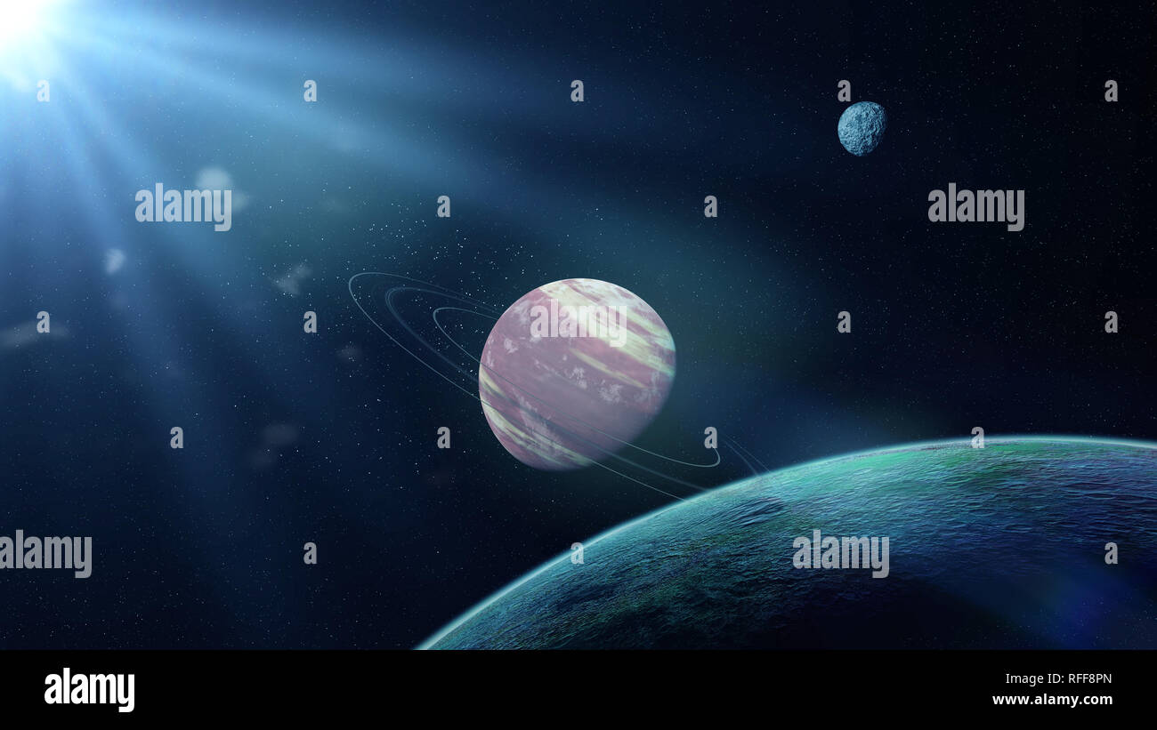 alien world system, beautiful exoplanets in outer space (3d ...