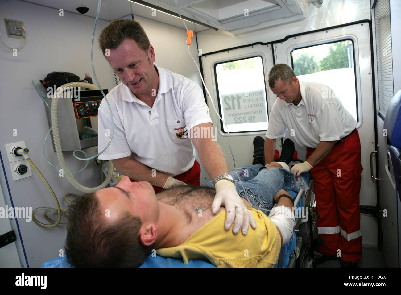 DEU Germany : Rescue paramedics ambulance fire service. Training ...
