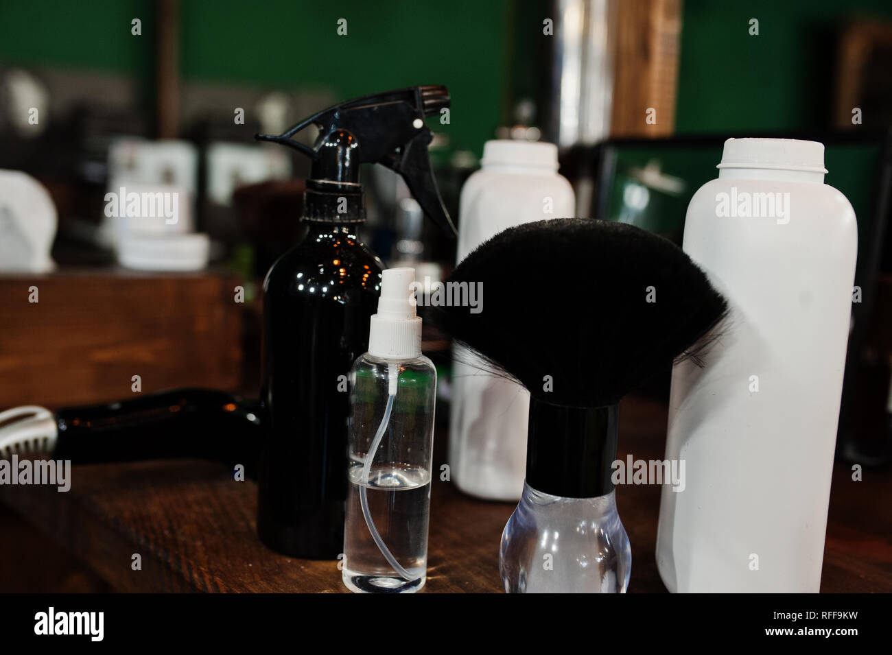 Barber tools on wooden background table Stock Photo - Alamy