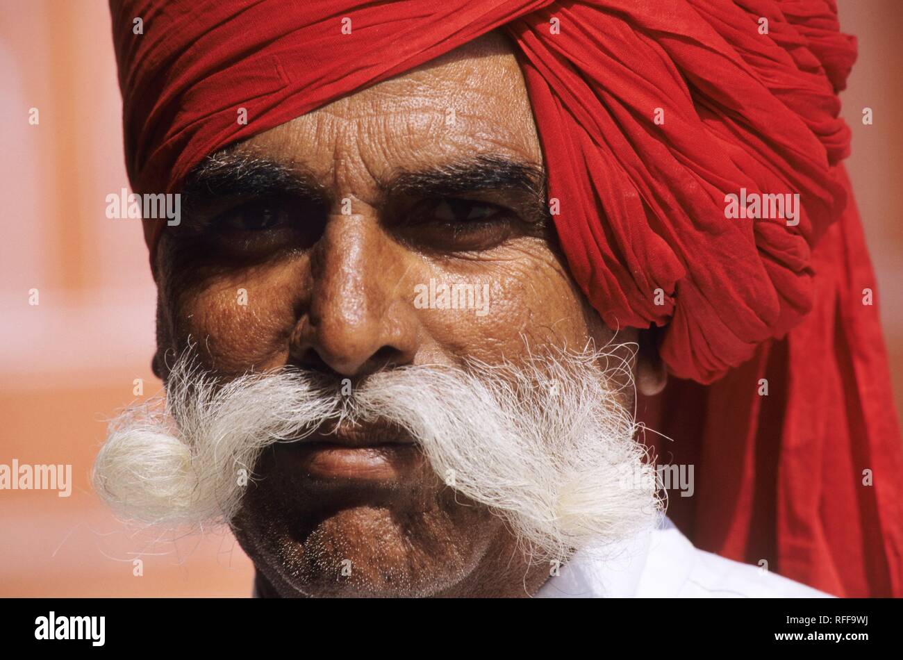 Indian guard with red turban at city palace jaipur hi-res stock ...