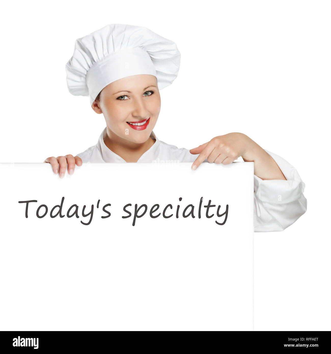 Young female chef showing today's menu Stock Photo - Alamy