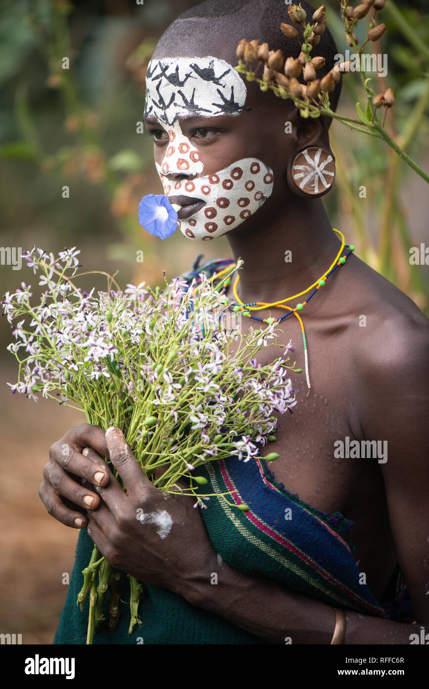 KIBISH, ETHIOPIA - AUGUST 22, 2018: unidentified woman from Surmi tribe ...