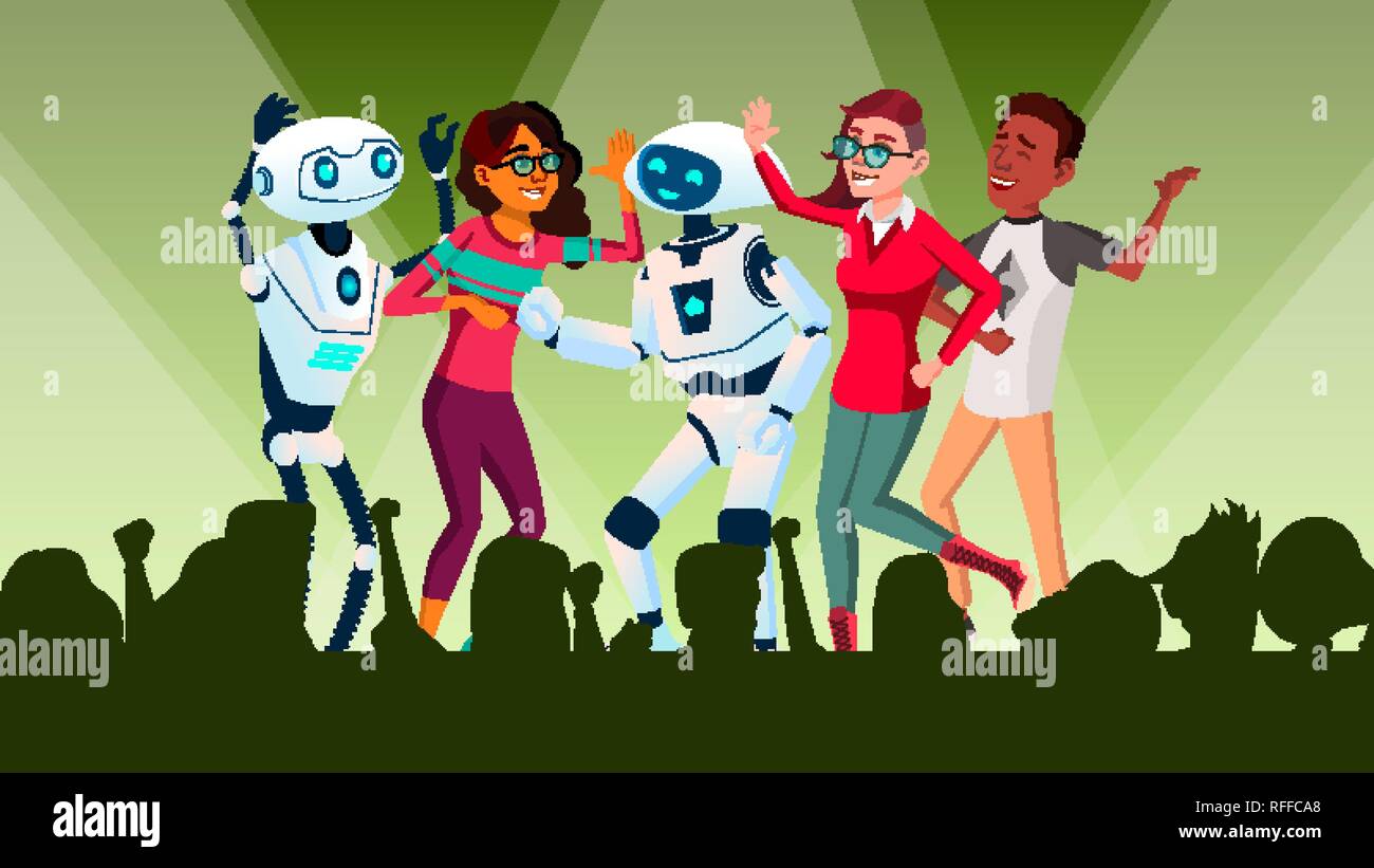 Robots Dancing At Disco With People Vector. Isolated Illustration Stock ...