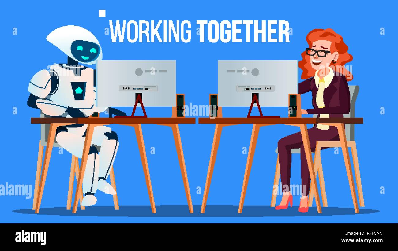 Robot Working In The Office At Computer Desk Together With People ...