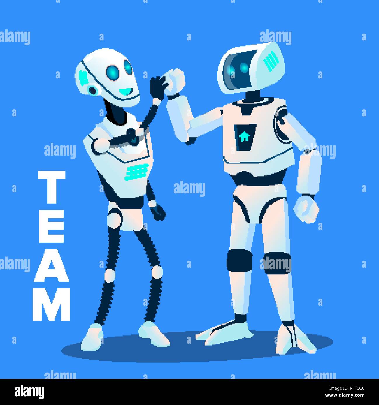 Team, Two Robots Give Five To Each Other Vector. Isolated Illustration ...