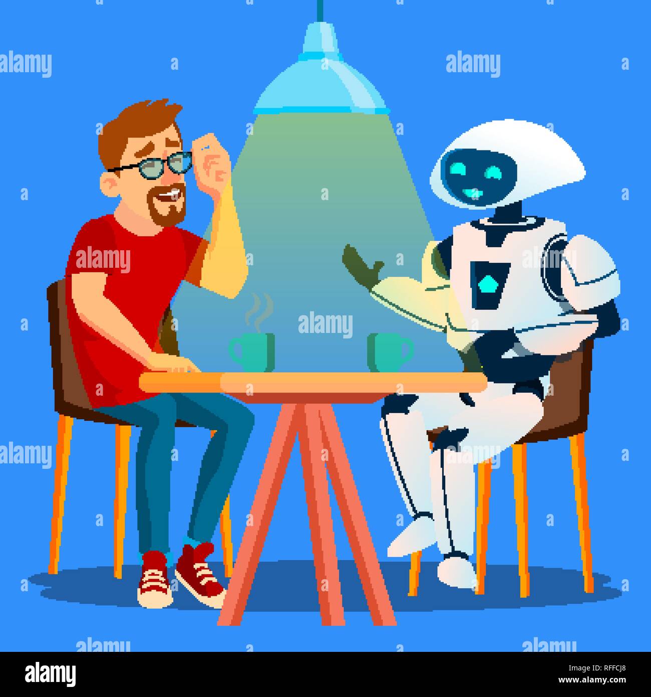 Robot Having A Good Time With Friend Man At Table In Cafe Vector ...