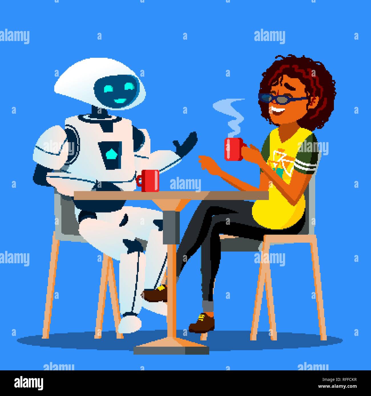 Robot Having A Good Time With Friend Woman At Table In Cafe Vector ...