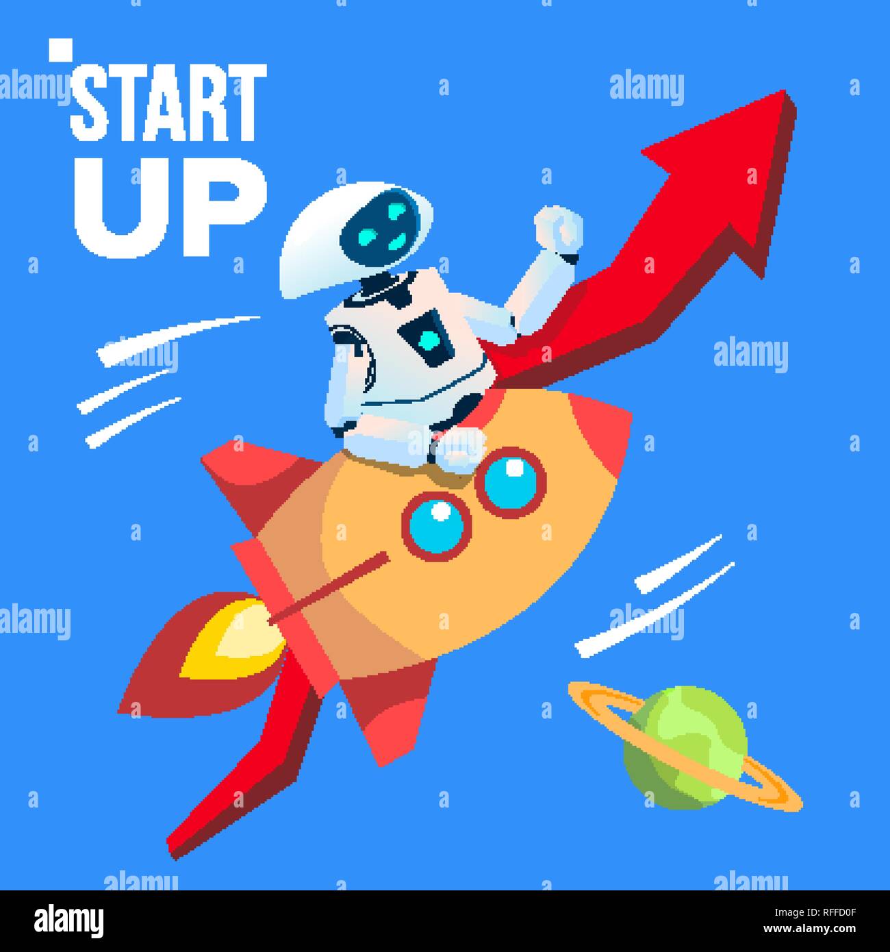 Robot Going By Space Rocket Vector. Start Up. Isolated Illustration ...