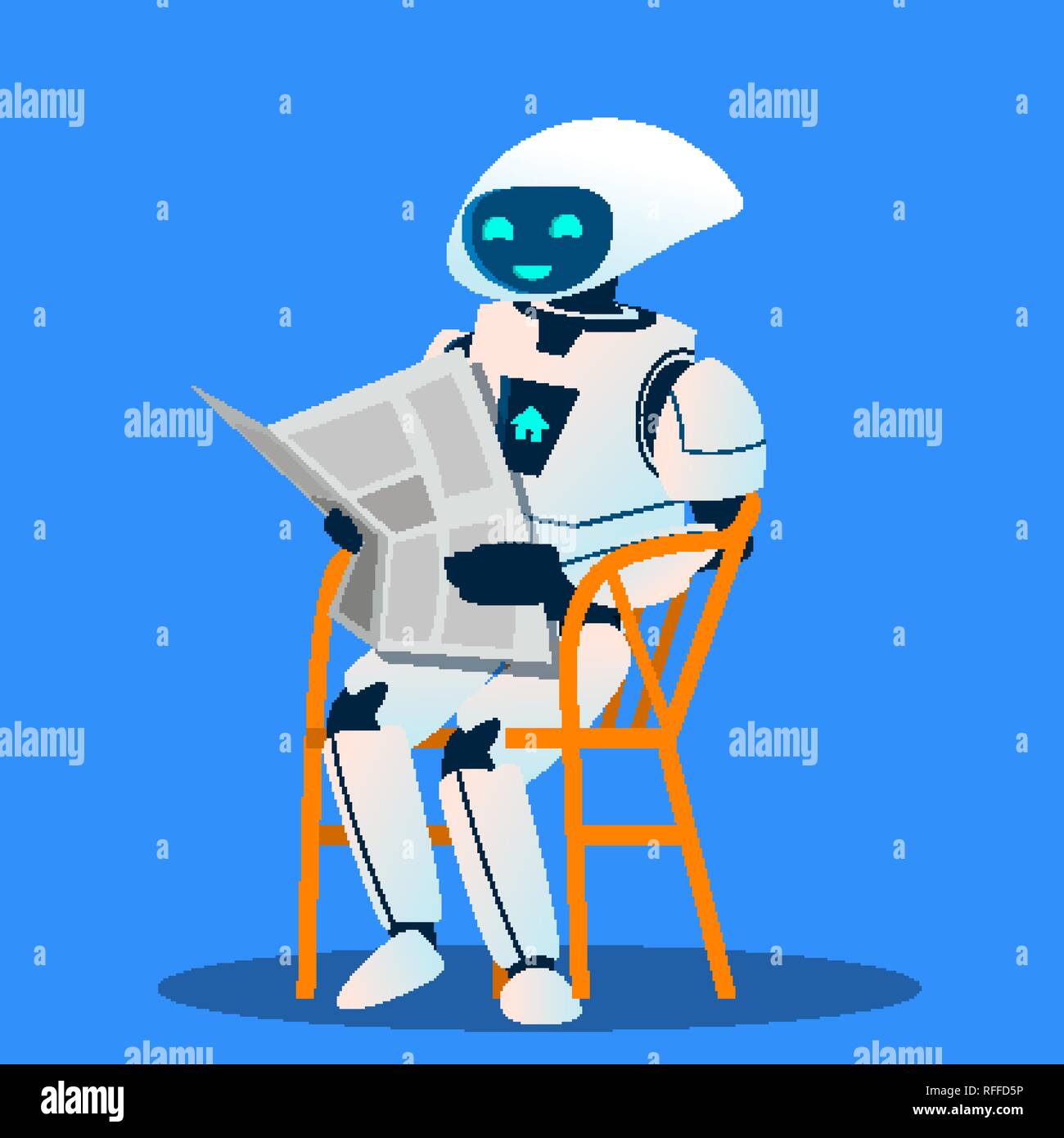 Robot Resting On Chair And Reading Newspaper Vector. Isolated ...