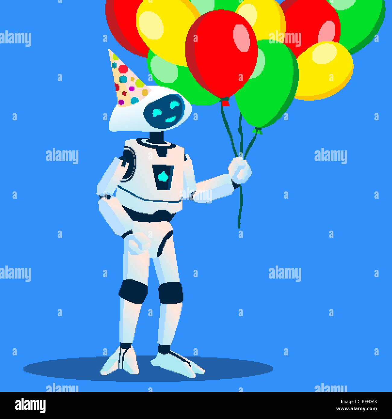 Robot Have Fun With Balloons In Hand And Festive Cap On Head Vector ...