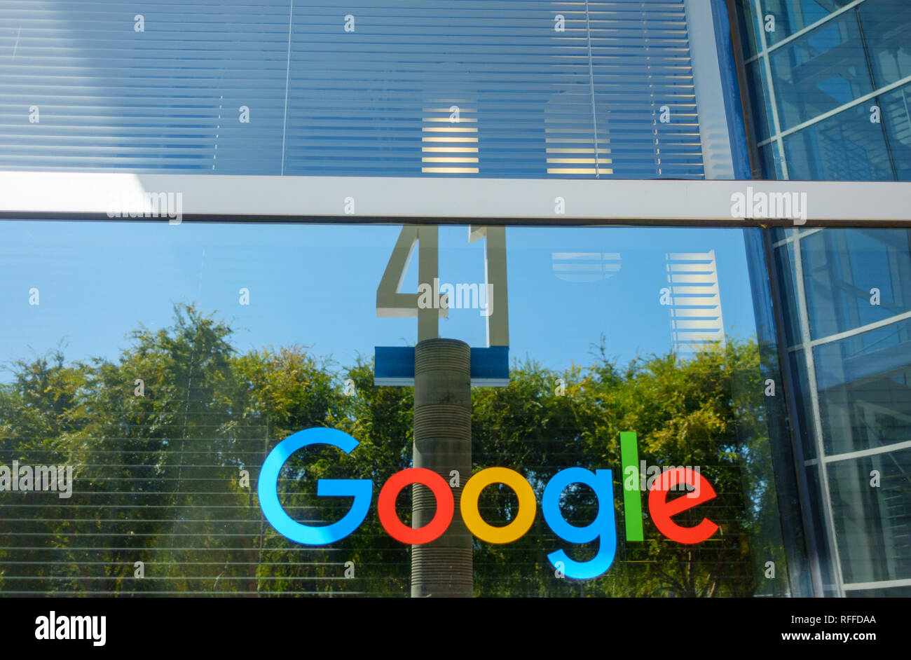 Google logo at Googleplex headquarters main office Stock Photo - Alamy