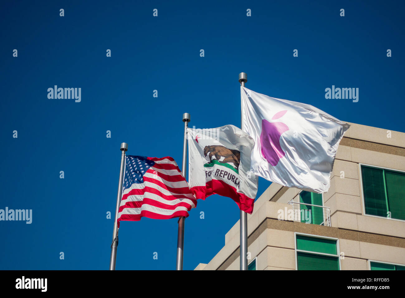 Flags at Apple company campus in silicone valley, Infinity loop one ...