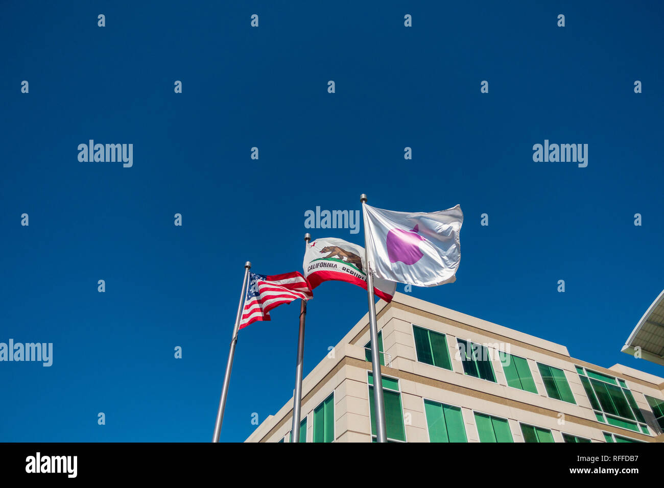 Flags at Apple company campus in silicone valley, Infinity loop one ...