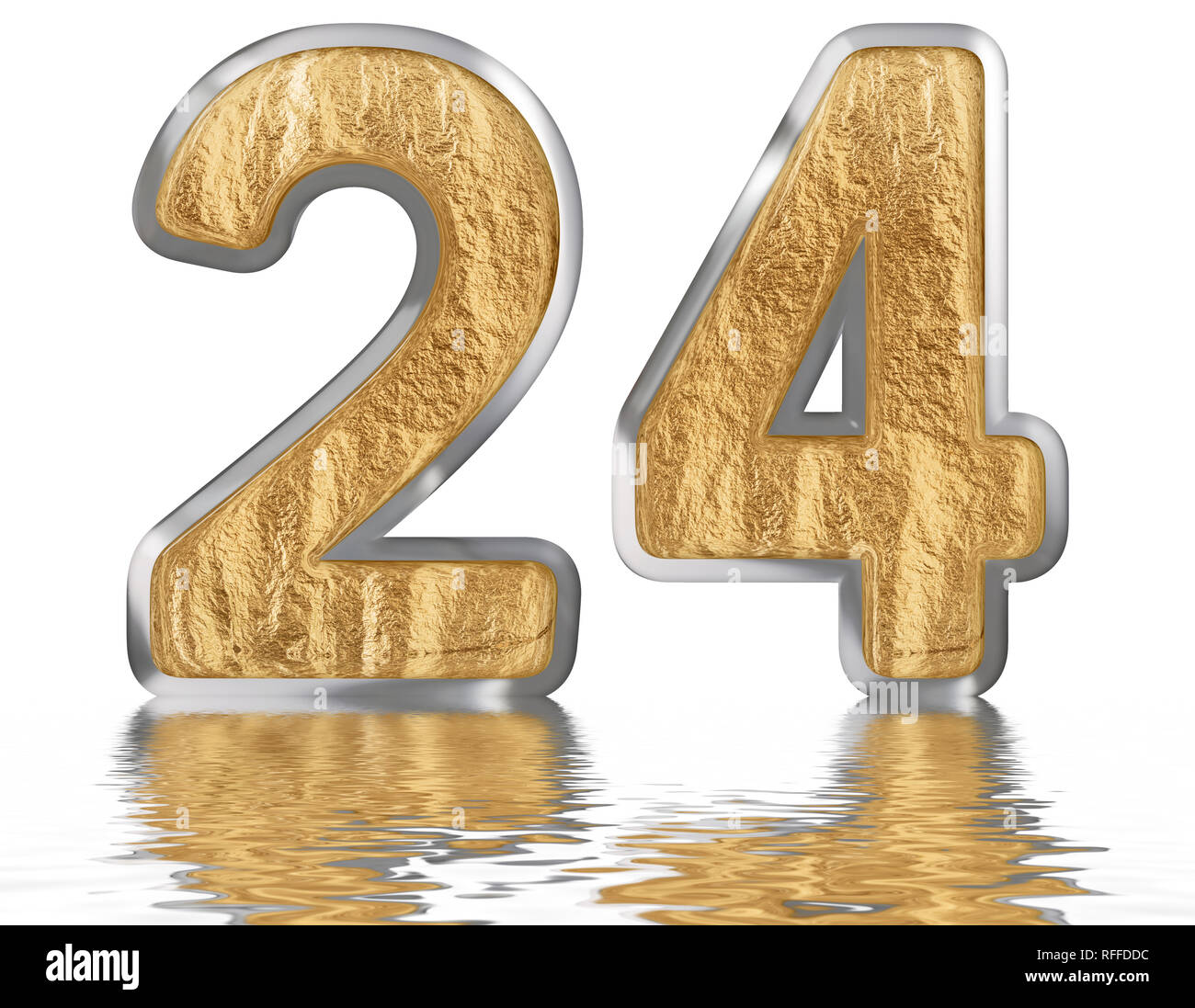 Numeral 24, twenty four, reflected on the water surface, isolated on ...