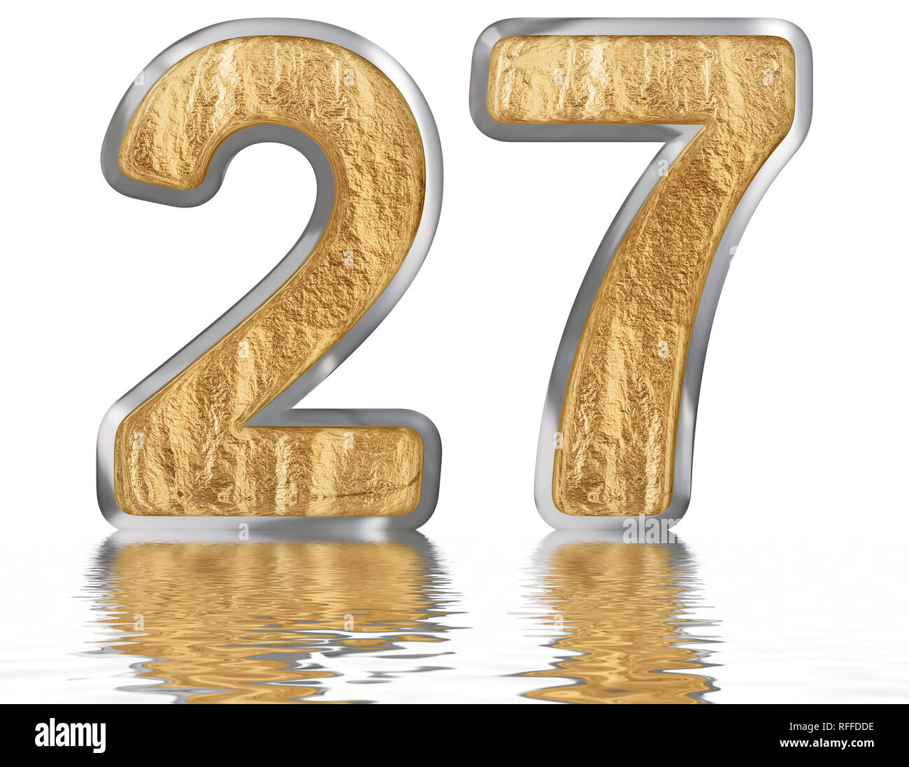 Numeral 27, twenty seven, reflected on the water surface, isolated on ...