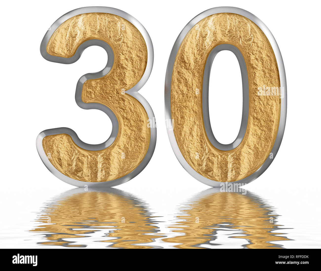 Numeral 30, thirty, reflected on the water surface, isolated on white ... Numeral 30, thirty, reflected on the water surface, isolated on white ...