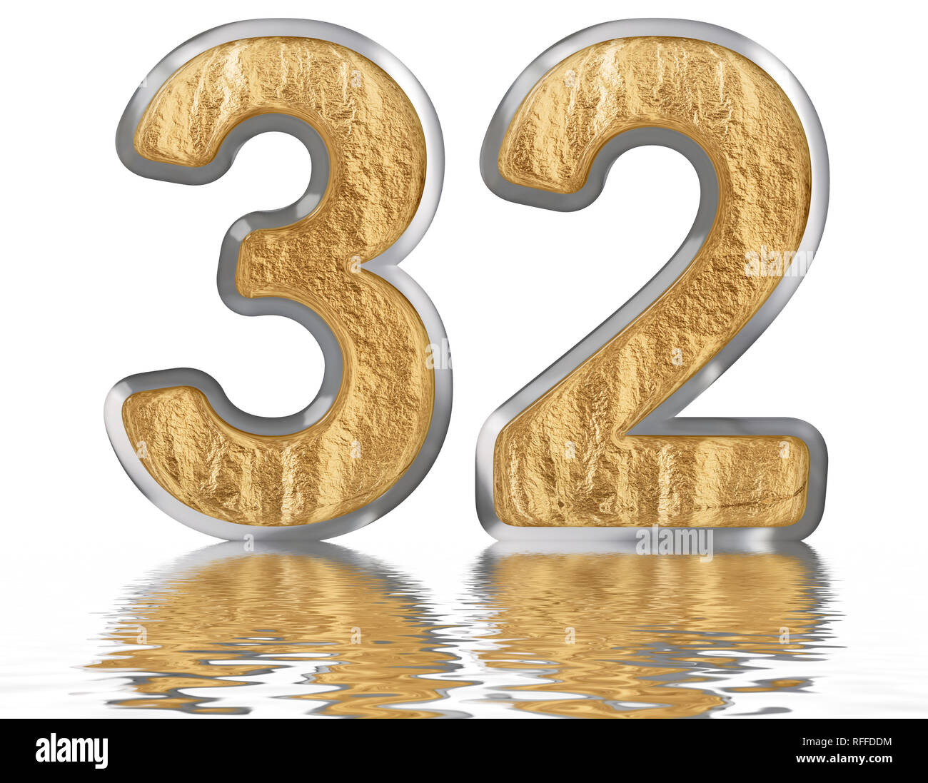 Numeral 32, thirty two, reflected on the water surface, isolated on ...