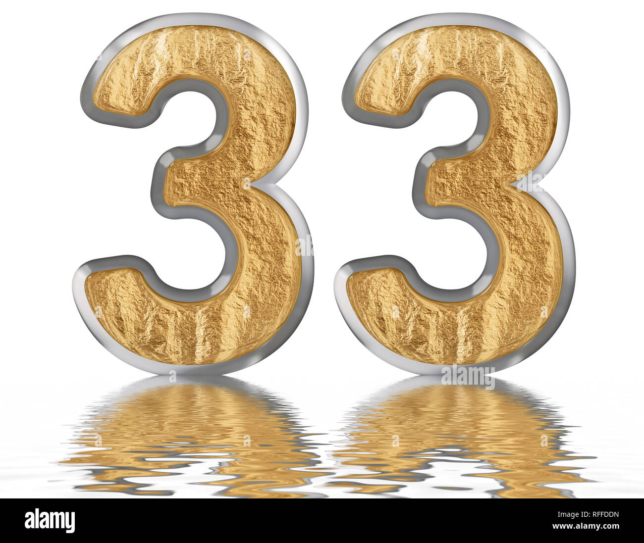 Numeral 33, thirty three, reflected on the water surface, isolated on ...