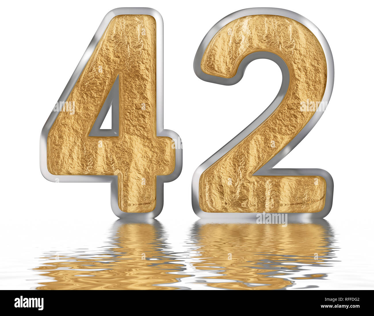 Numeral 42, forty two, reflected on the water surface, isolated on ...