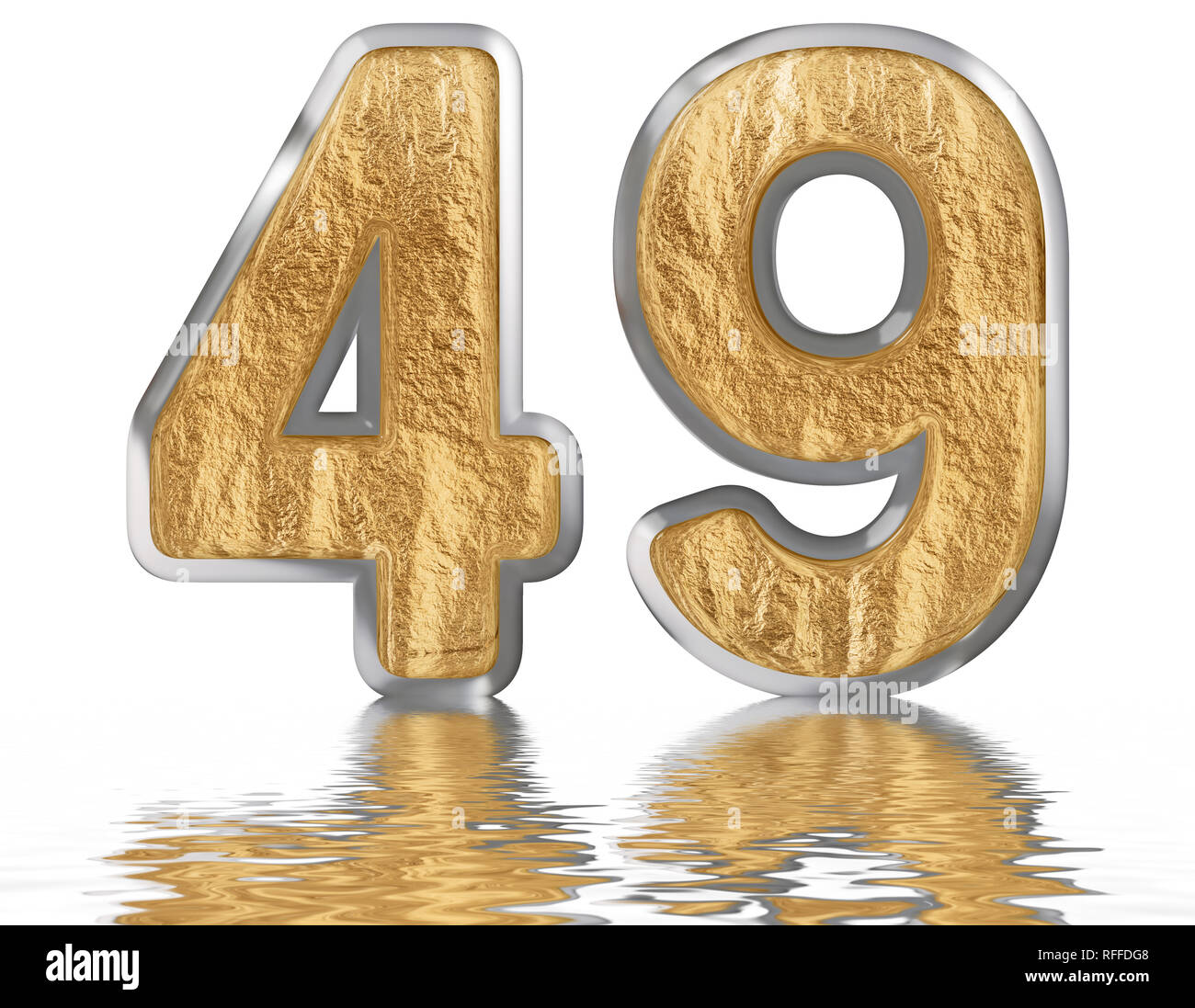 Numeral 49, forty nine, reflected on the water surface, isolated on ...