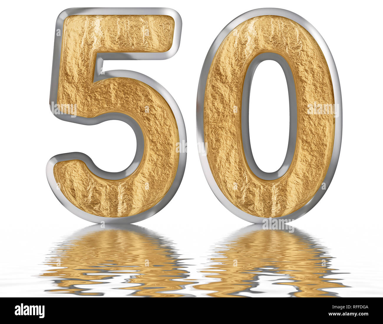 Numeral 50, fifty, reflected on the water surface, isolated on white ...