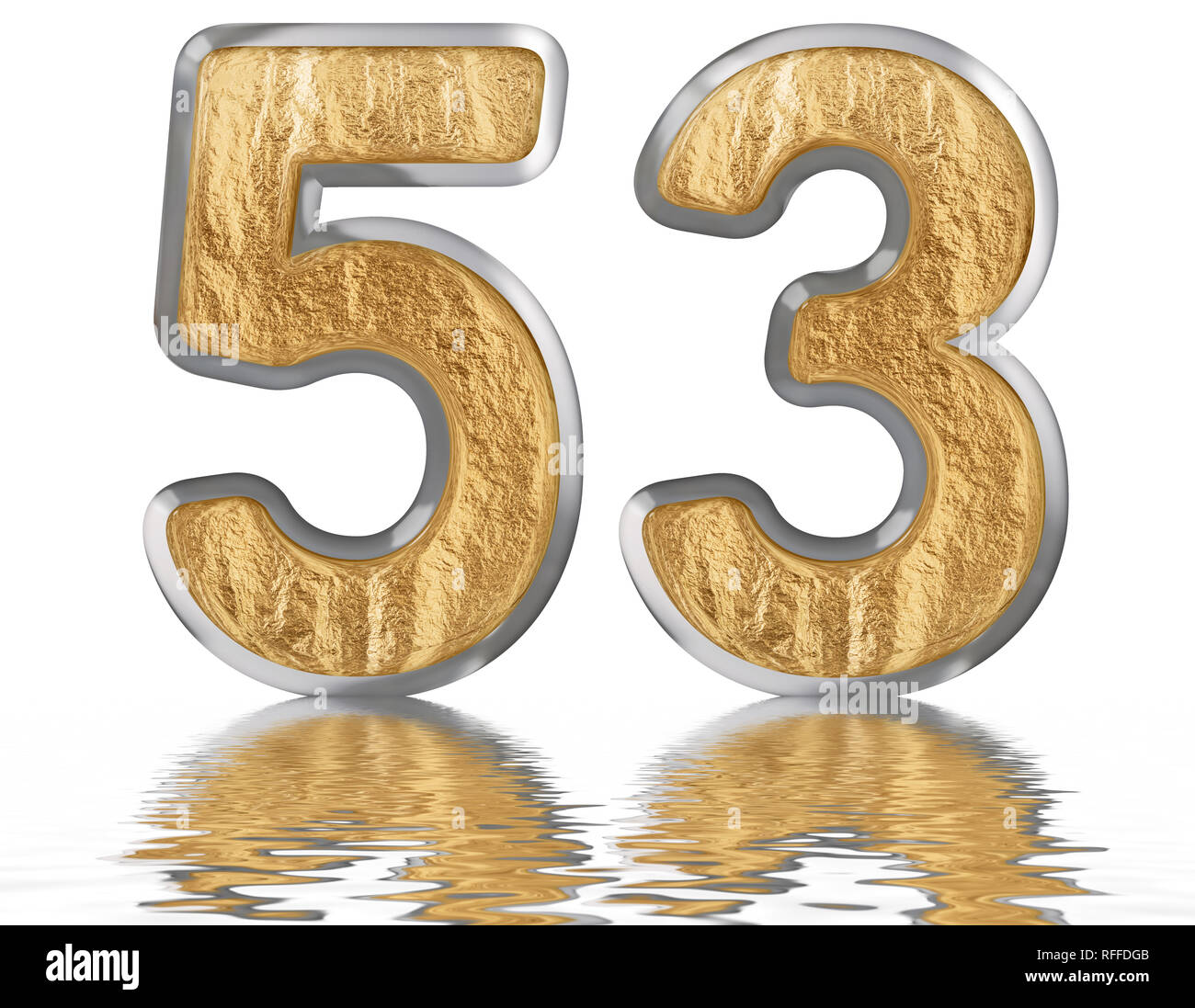Numeral 53, fifty three, reflected on the water surface, isolated on white, 3d render Stock ...
