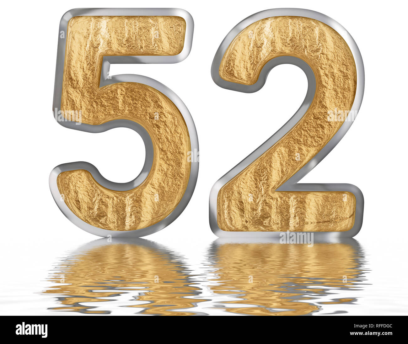 Numeral 52, fifty two, reflected on the water surface, isolated on ...