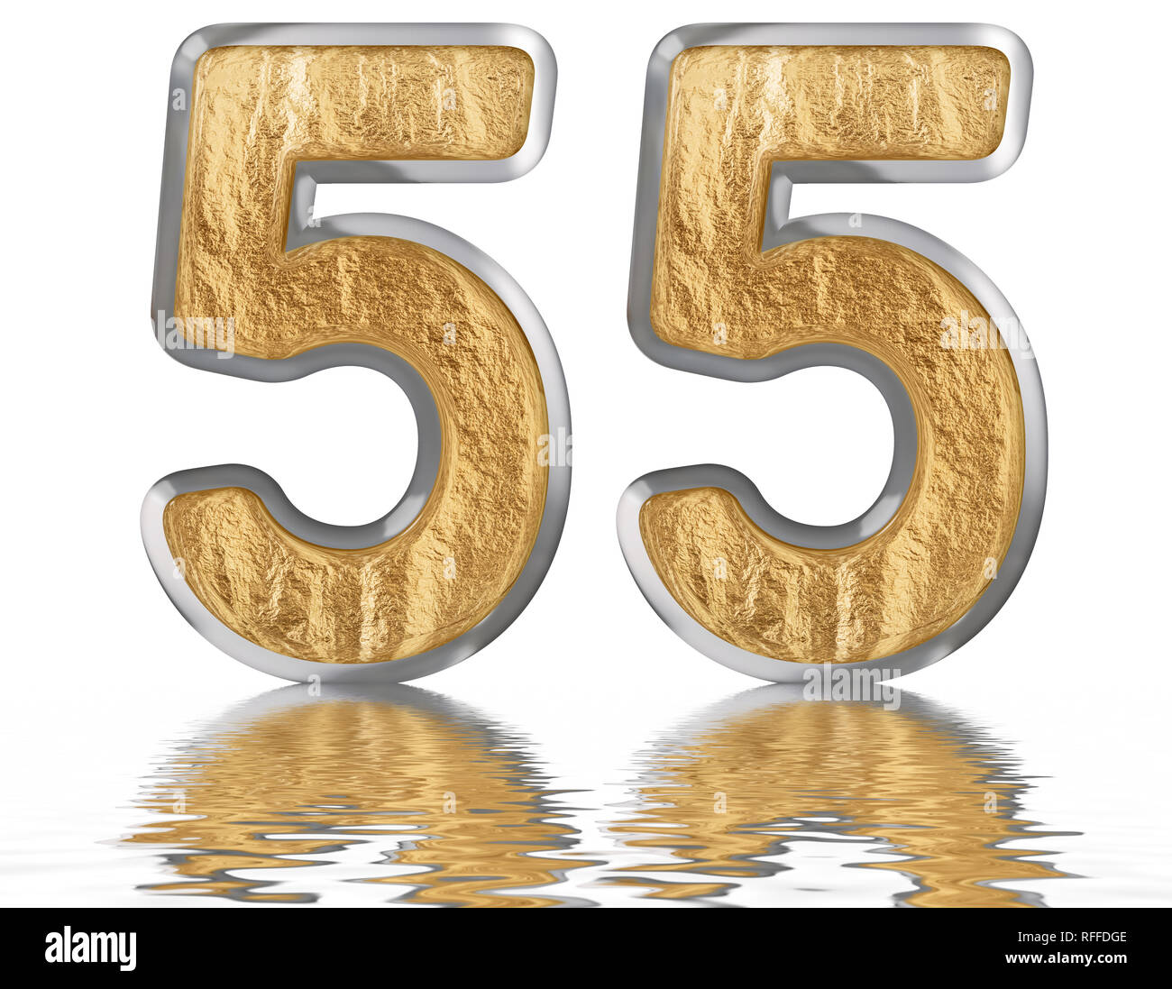 Numeral 55, fifty five, reflected on the water surface, isolated on ...