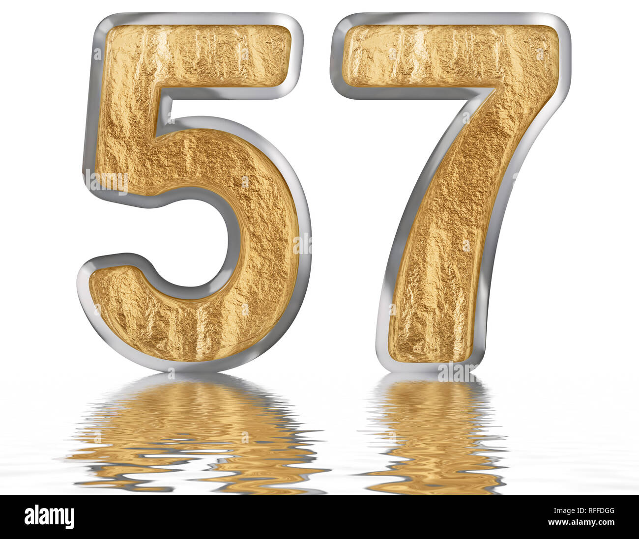 Numeral 57, fifty seven, reflected on the water surface, isolated on ...