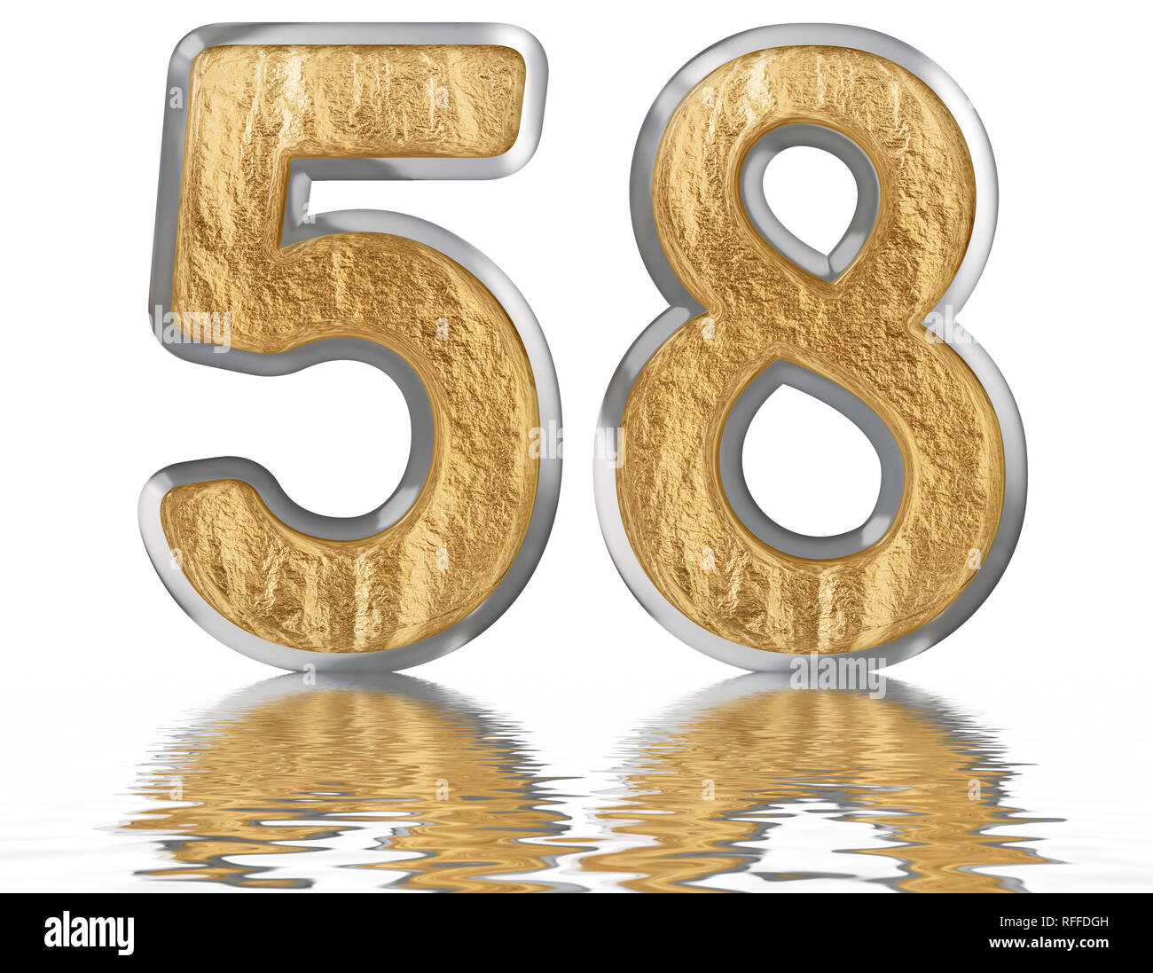 Numeral 58, fifty eight, reflected on the water surface, isolated on ...