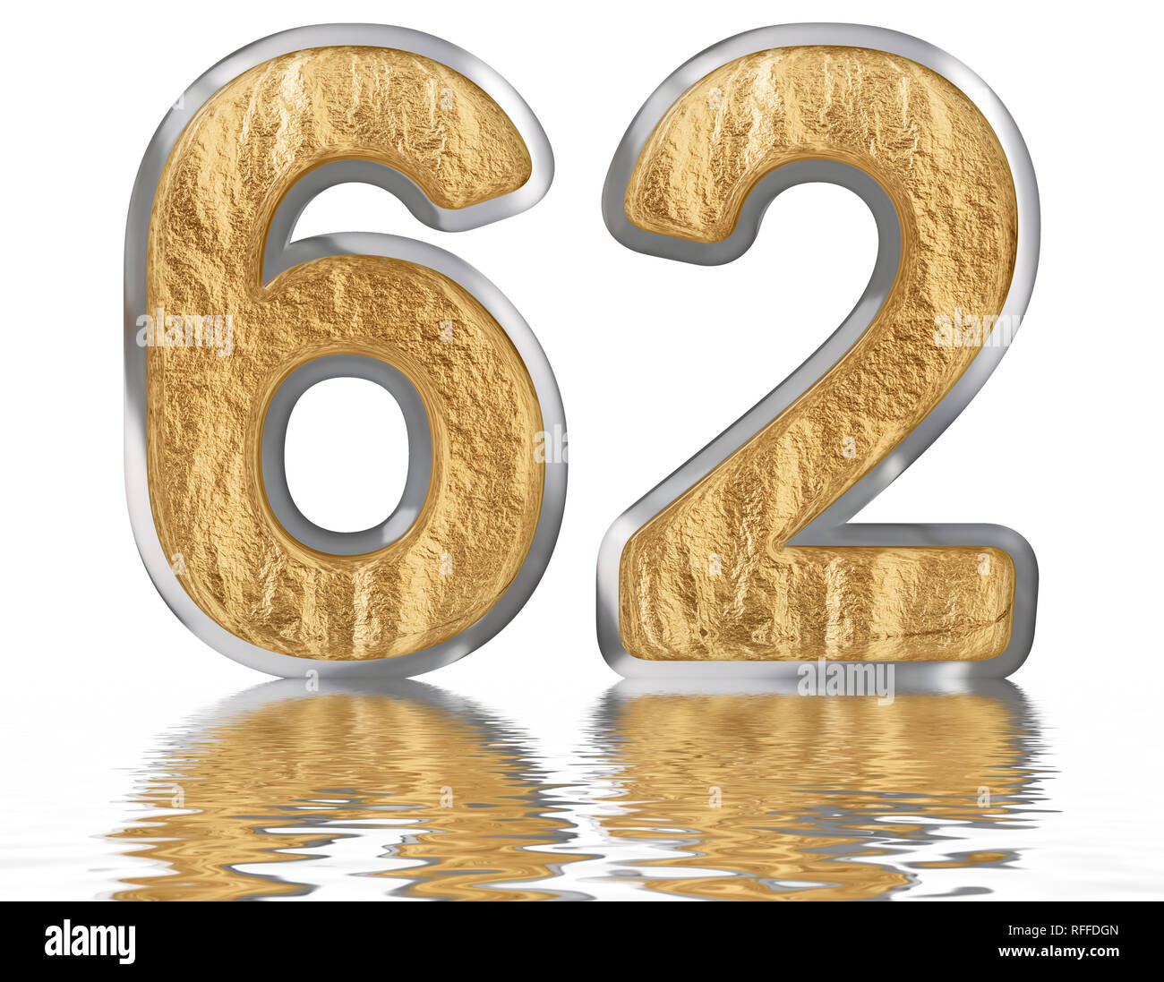 Numeral 62, sixty two, reflected on the water surface, isolated on ...