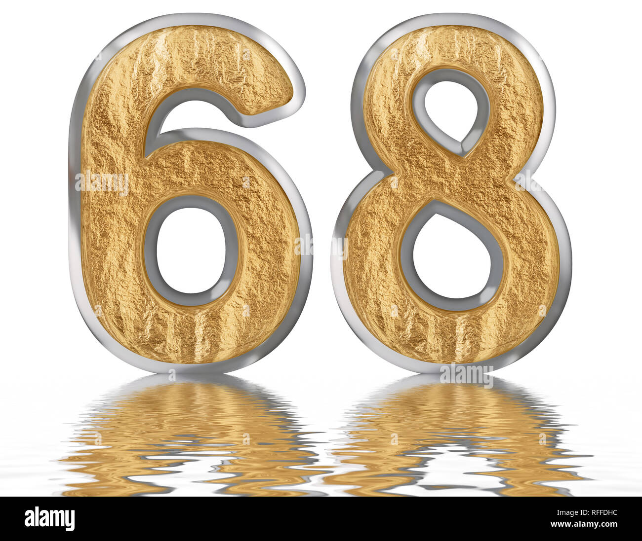 Numeral 68, sixty eight, reflected on the water surface, isolated on ...