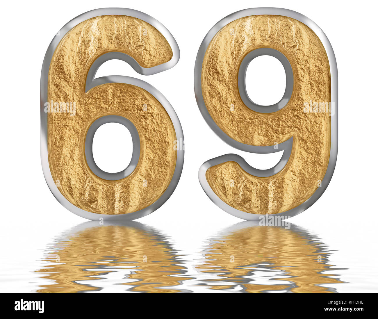 Numeral 69, sixty nine, reflected on the water surface, isolated on ...
