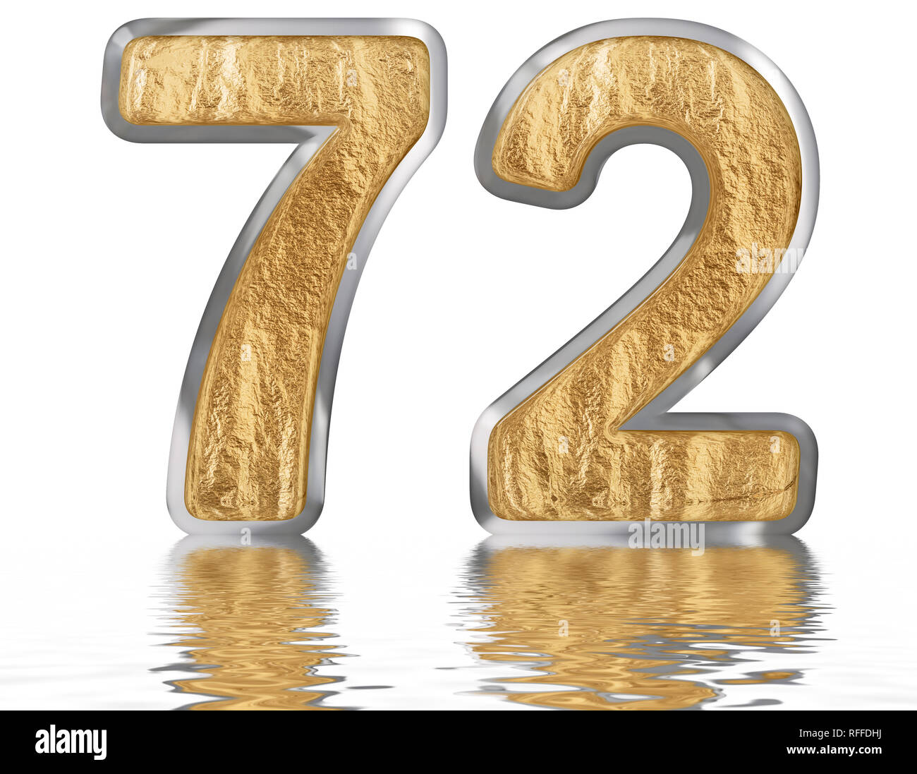 Numeral 72, seventy two, reflected on the water surface, isolated on ...