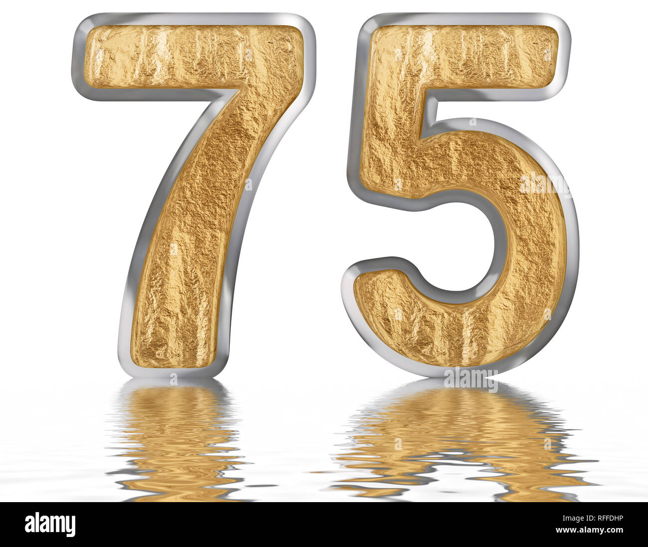 Numeral 75, seventy five, reflected on the water surface, isolated on ...